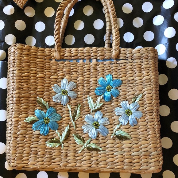 Bags | Vintage Wicker Tote With Floral Detail | Poshmark